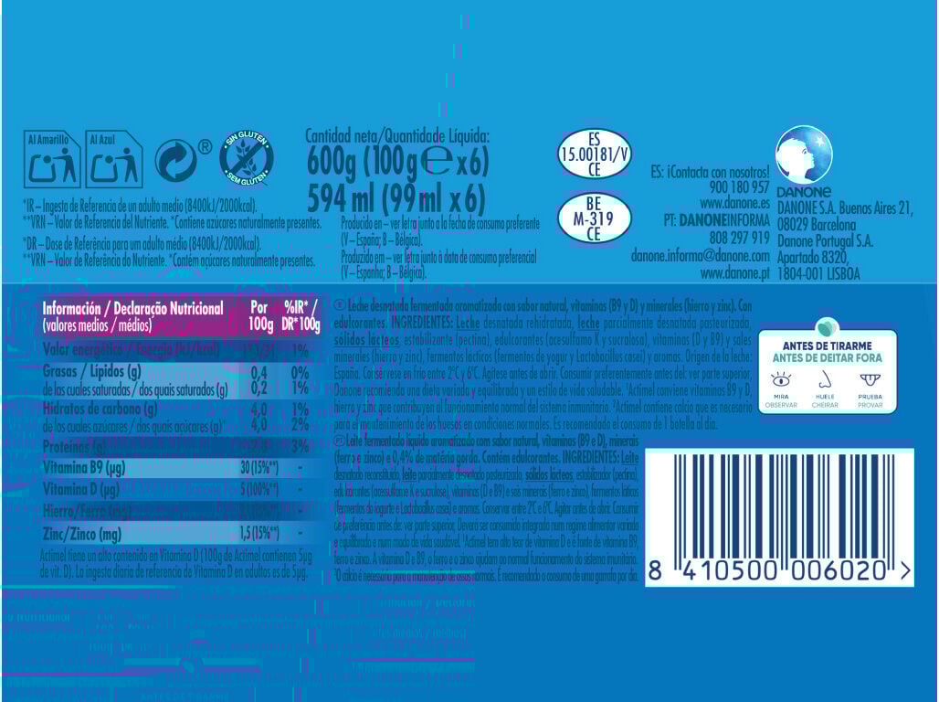 Probiótico Actimel Natural 0% 6x100g | Auchan