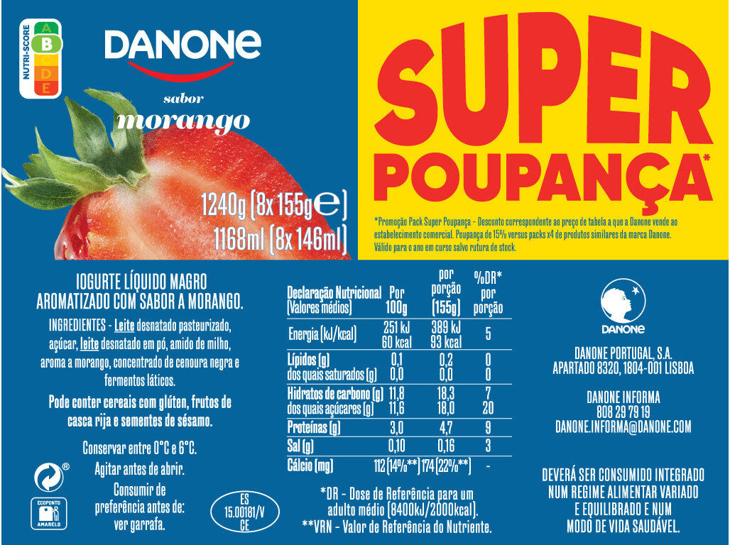 Iogurte Liquido Danone Morango Poupança 8x155g | Auchan