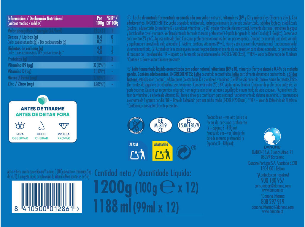 Probiótico Actimel Natural 0% 12x100g | Auchan