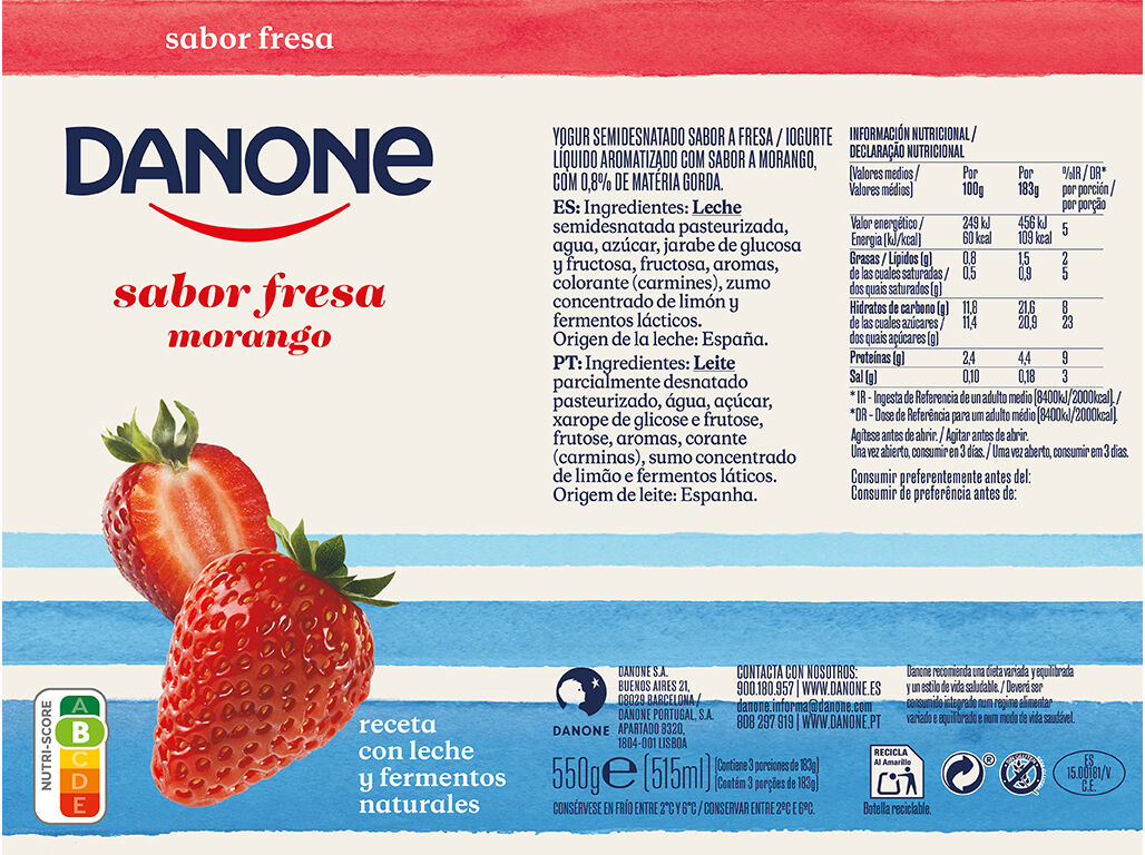 Iogurte Liquido Danone Morango 550g | Auchan