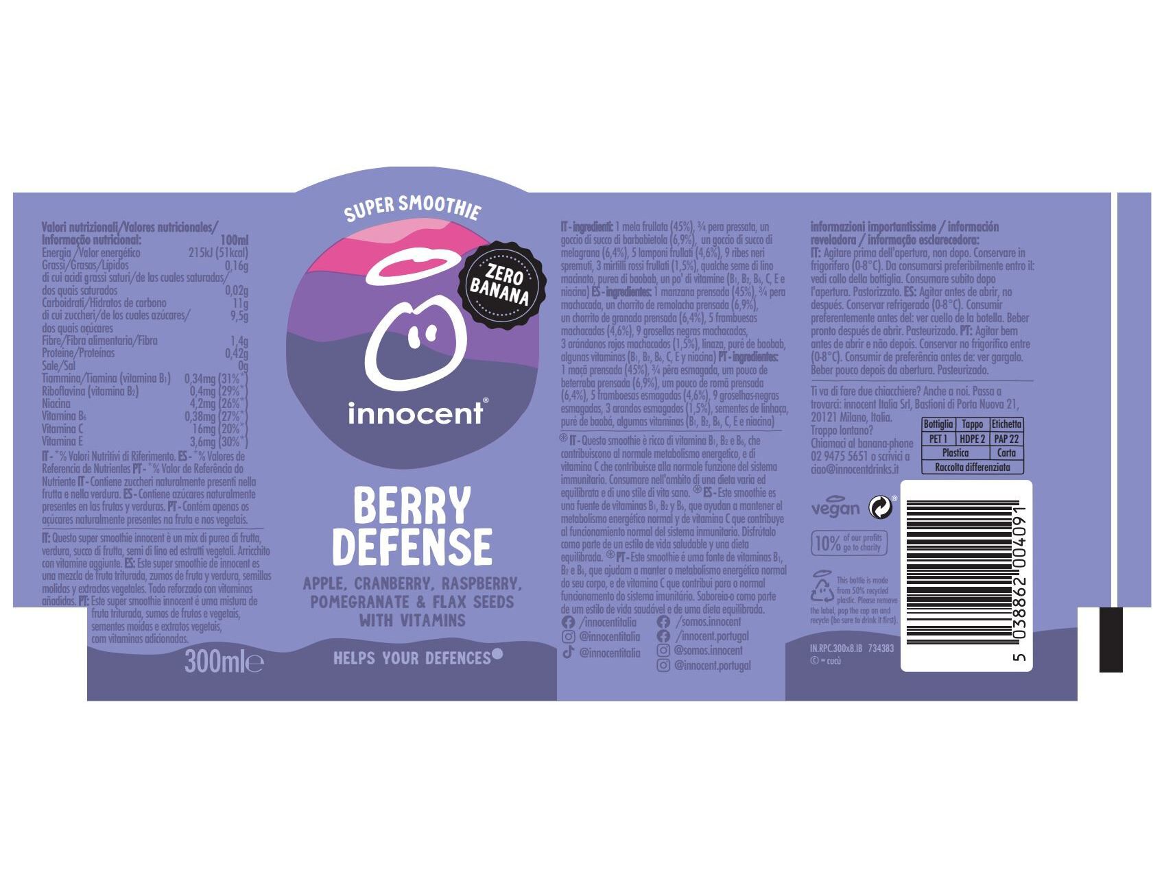 Super Smoothie Innocent Berry Defence 0.30l | Auchan