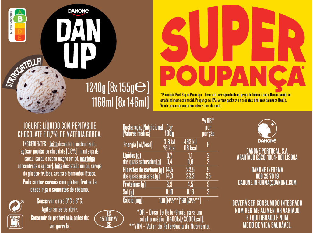 Iogurte Liquido Dan Up Straciatella Poupança 8x155g | Auchan