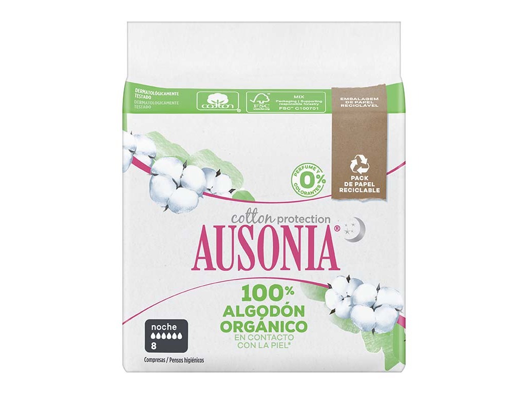 Pensos Higiénicos Ausonia 100% Orgânico Noite Alas 8un | Auchan